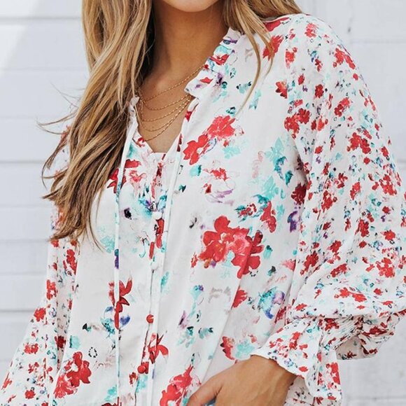 SHIYING FASHION | Tops | Red Floral Smocked Blouse | Poshmark